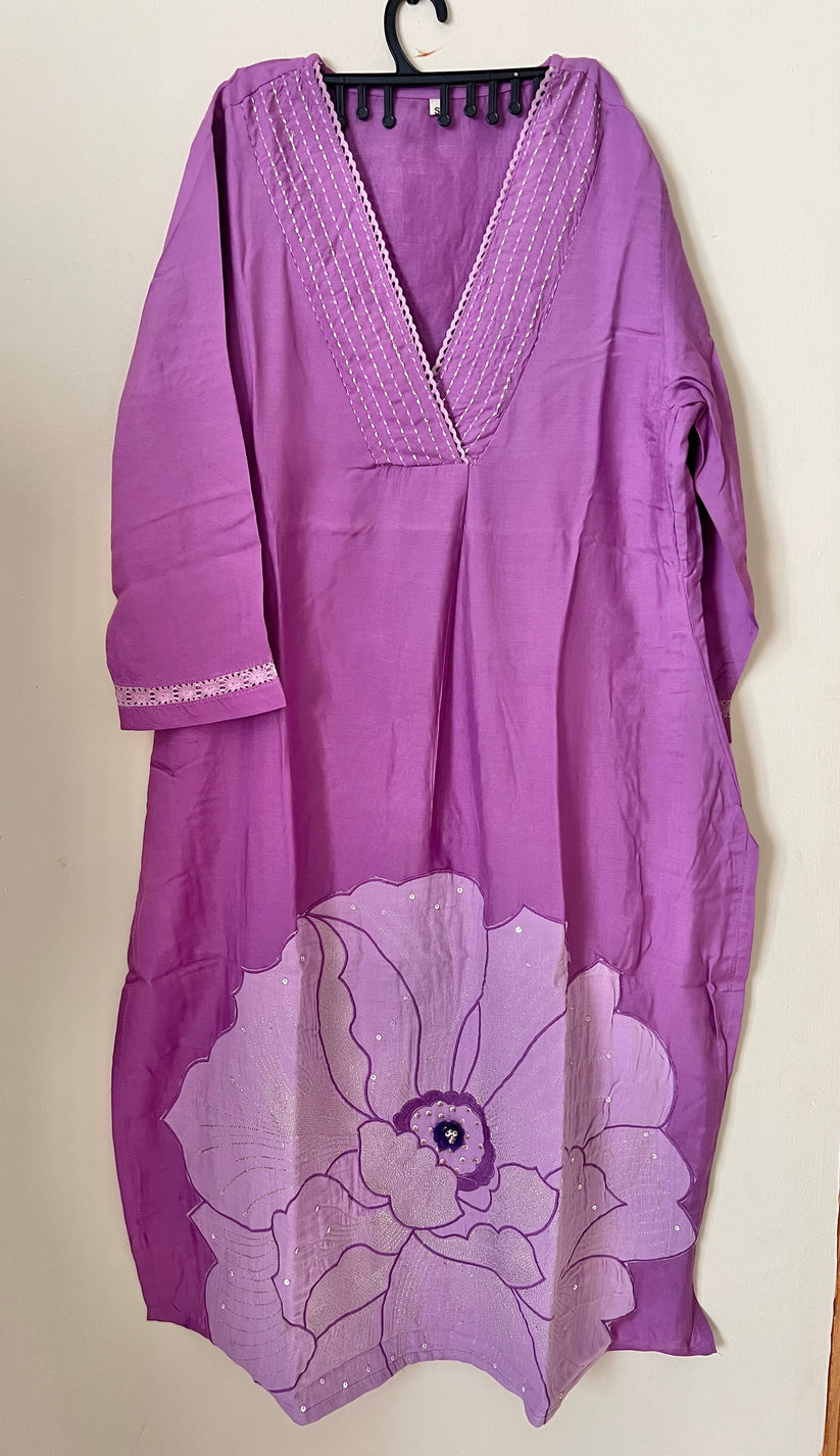 A0208 lavender muslin two piece set with big flower applique work deta ...